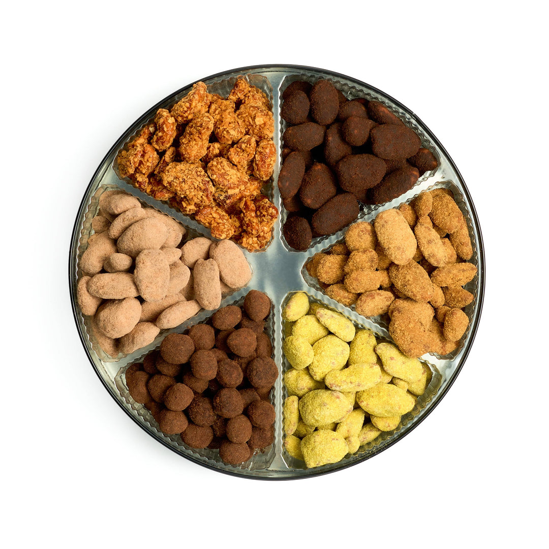 Round Black Tin Assorted Candied and Flavored Nuts | The Nuts Factory ...